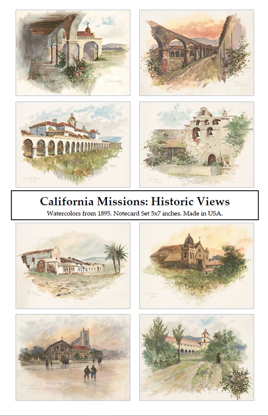 California Missions Historic Views Notecard Set. 8 Watercolor ...