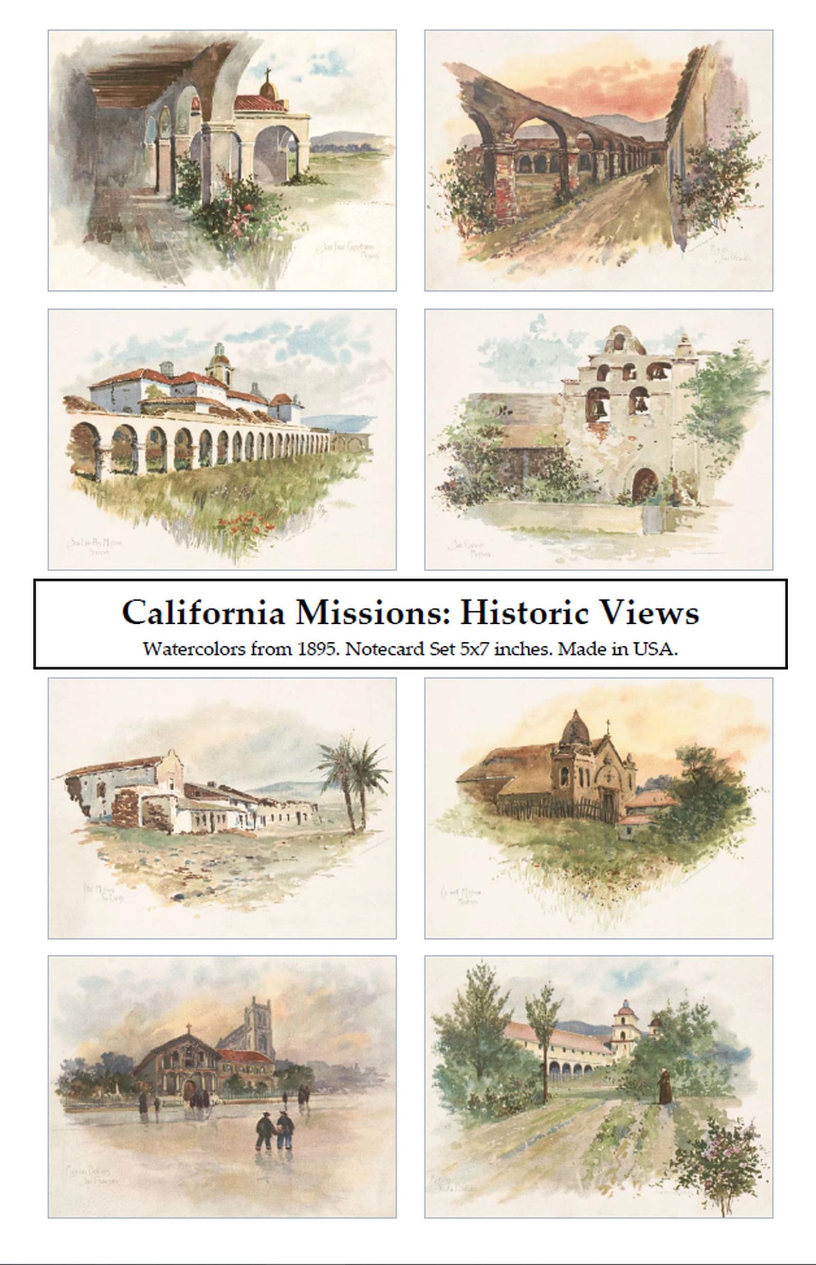 California Missions Historic Views Notecard Set. 8 Watercolor ...