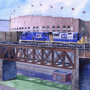 CSX Train, Franklin Field, West Philadelphia High Line, Pennsylvania. James Mann Watercolor ...