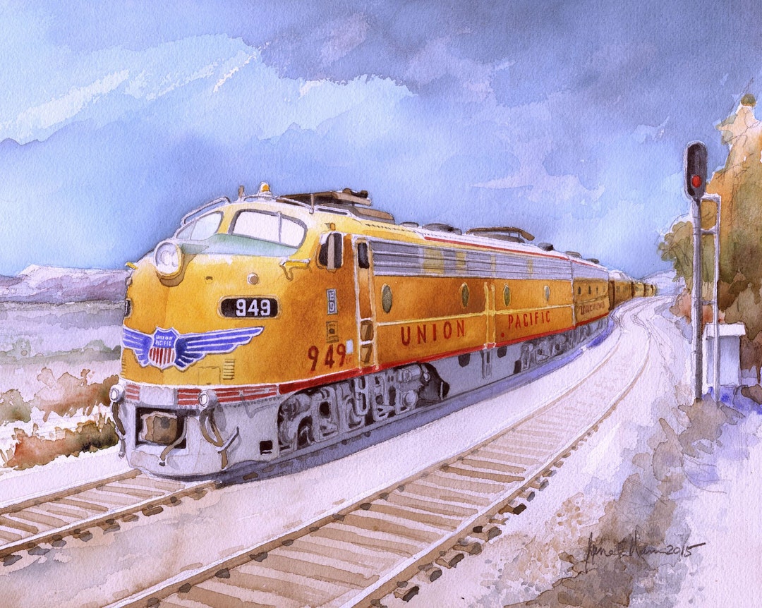 Classic Yellow Union Pacific Streamliner Train in Western Landscape. UP ...