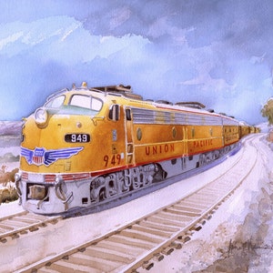 Classic Yellow Union Pacific Streamliner Train in Western Landscape. UP ...