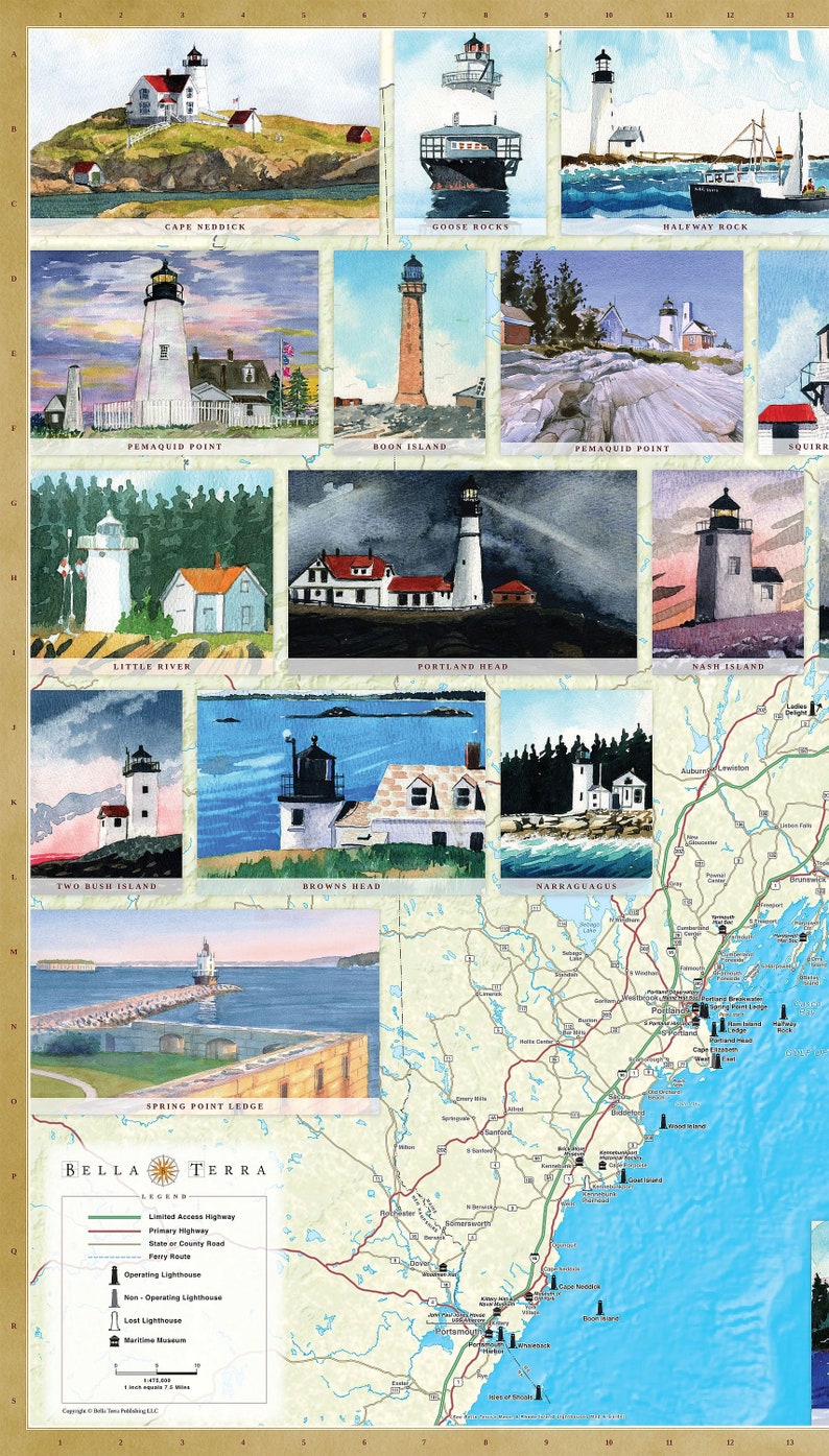 Maine Lighthouses Illustrated Map Poster. Beautiful Watercolor - Etsy