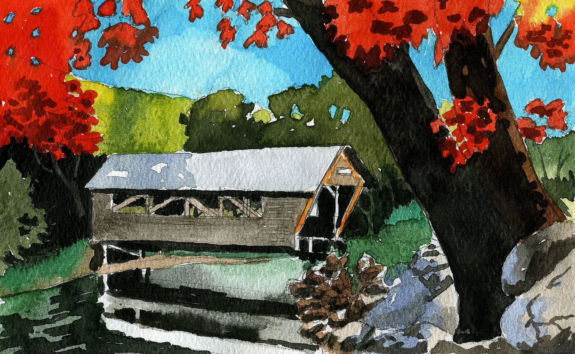 Bump Covered Bridge, Campton Hollow, Beebe River, New Hampshire. Autumn ...