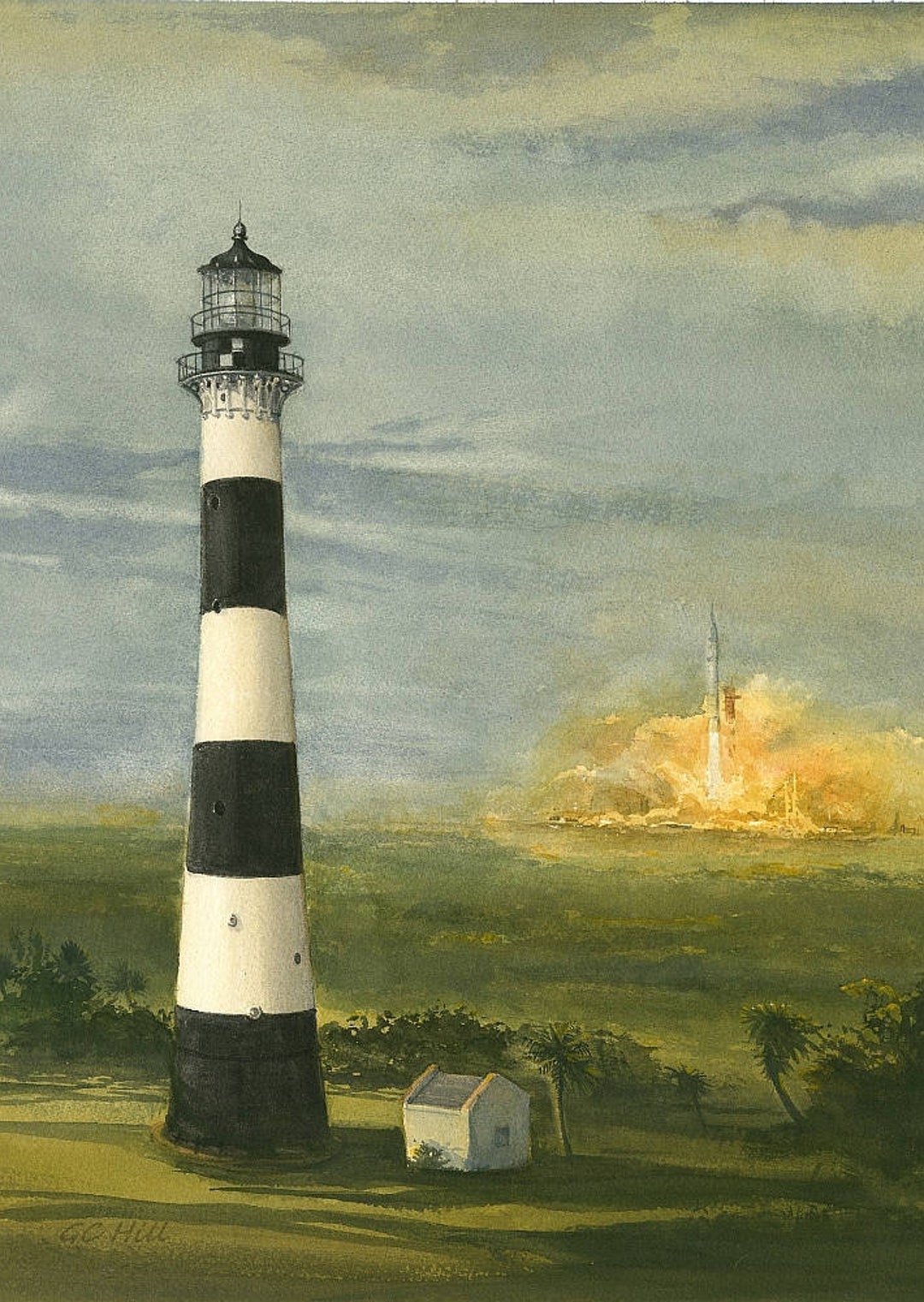 Cape Canaveral Lighthouse & 1970s Rocket Launch, Florida. Kennedy Space ...