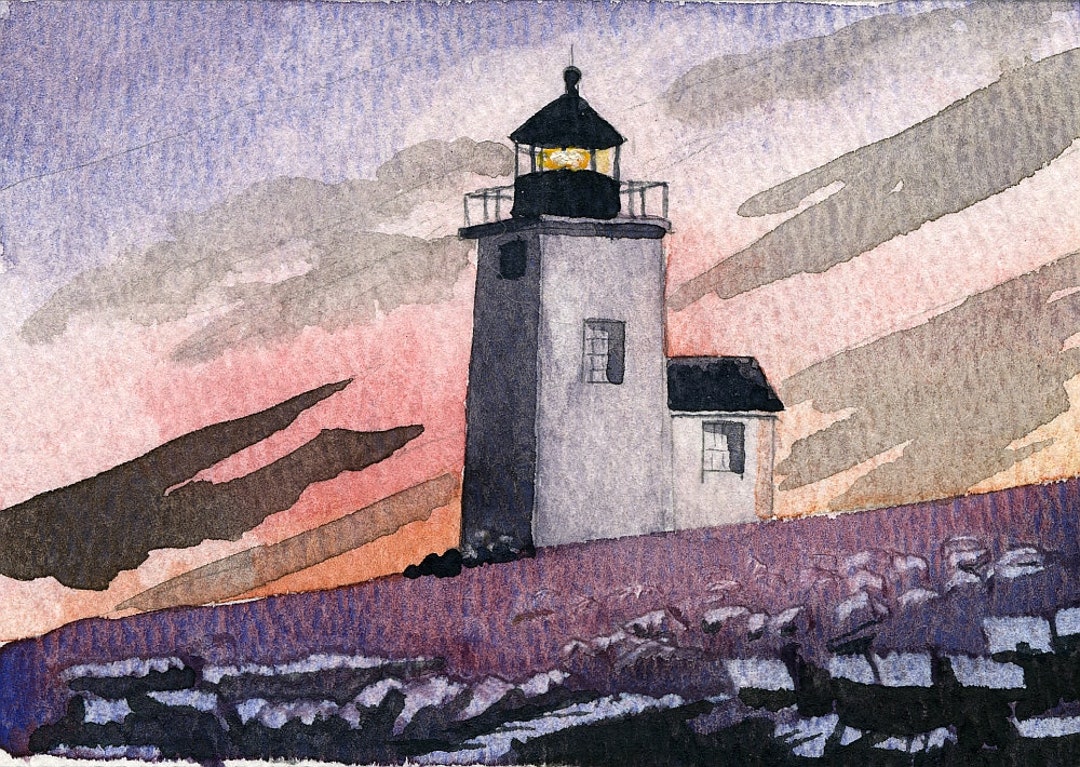 Nash Island Lighthouse, Addison, Maine. Pink & Purple Sunset, Diagonal ...