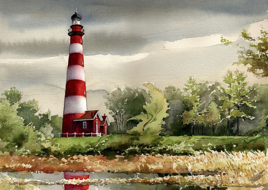Assateague Lighthouse, Chincoteague, VA. Red Stripes, Gray Sky in ...