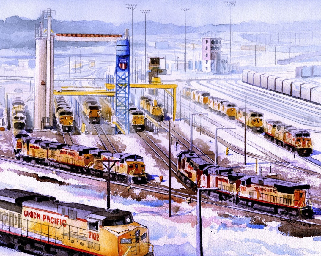 Yellow Trains in Snow. Union Pacific Bailey Yard, North Platte ...