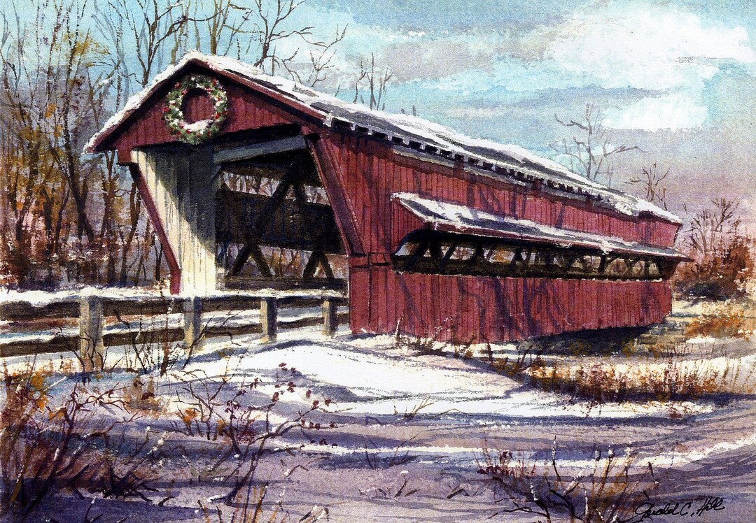 Red Covered Bridge Holiday Greeting Cards. Merry Christmas. Happy ...