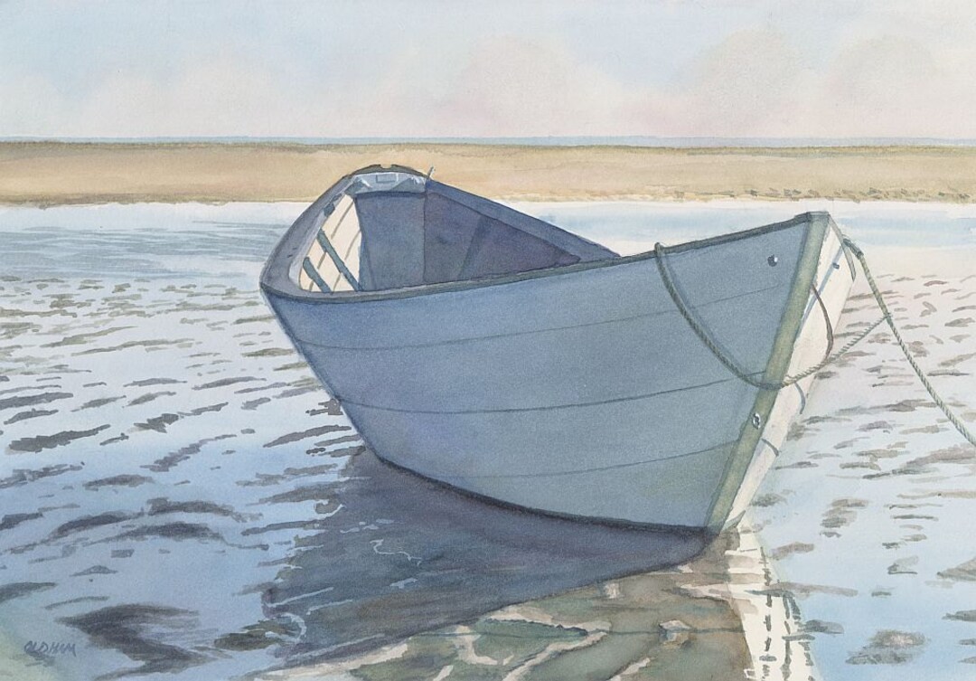 Seashore Serenity. Rowboat & Reflections on Beach at Low Tide. Chris ...