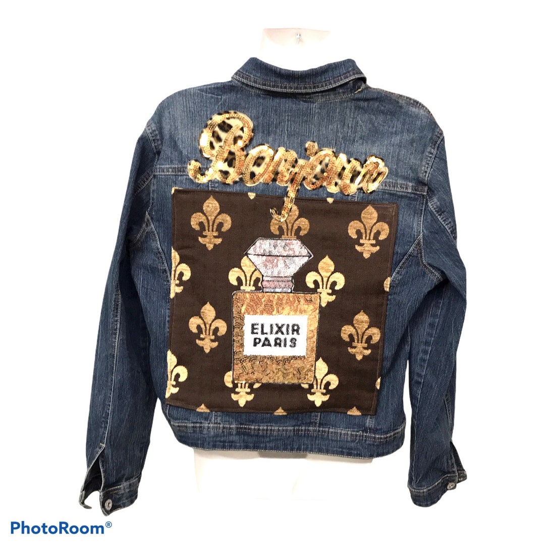 French Designed Jean Jacket Gold Sequin Perfume Bottle & Bonjour Back ...