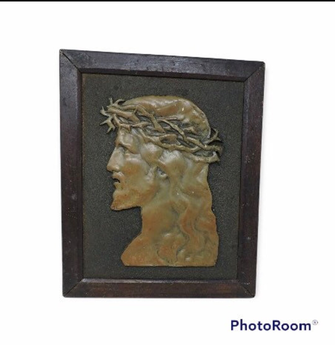 Copper & Wood Jesus Christ Wall Art Low Relief Copper Jesus w/ Crown of ...