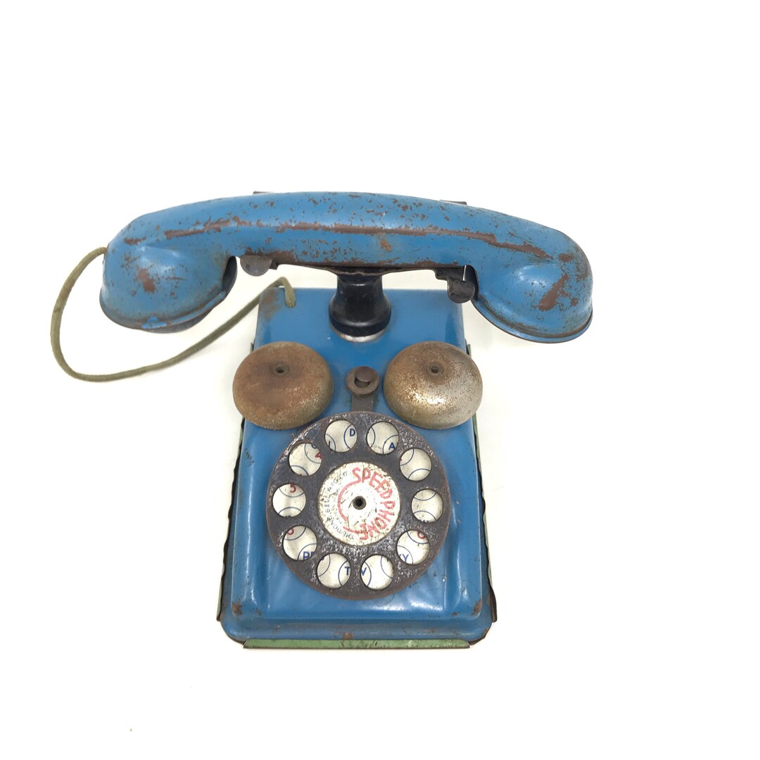 Blue Toy Phone 1940-1950 Toy Telephone Speed Phone Gong Bell Rustic ...