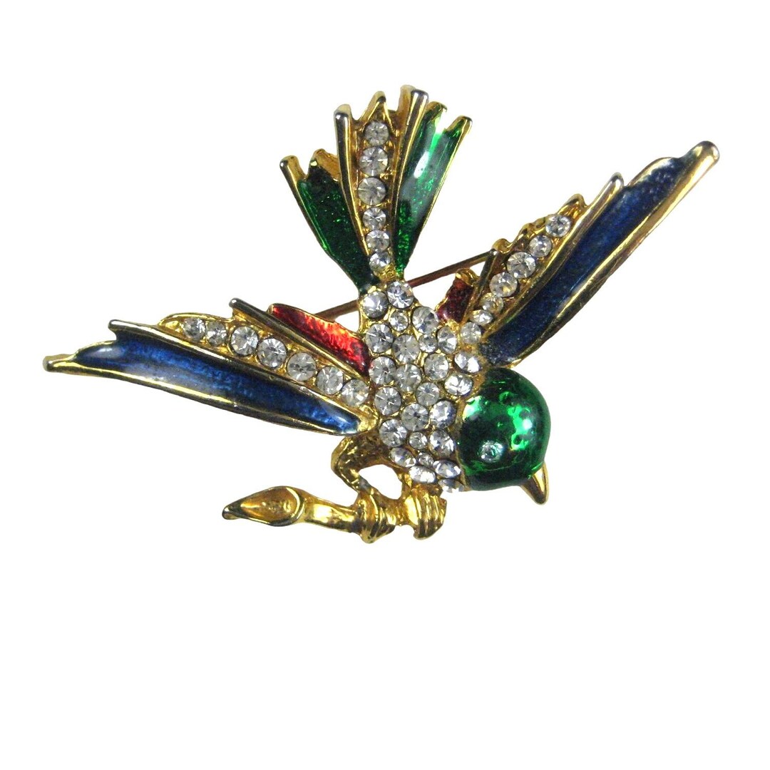 Vintage 1990 Rhinestone Enamel Bird Brooch Pin Goldtone Jewelry Taiwan ...