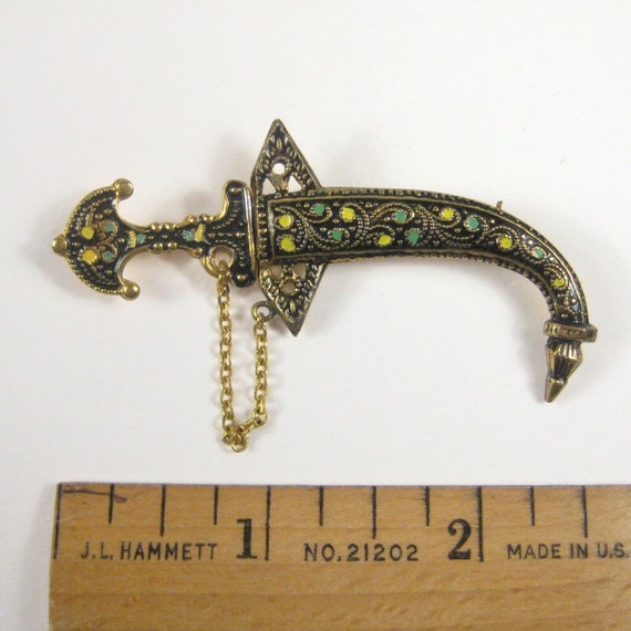 Sabre Blade Sword Brooch Pin Toledo Damascene Style G… - Gem
