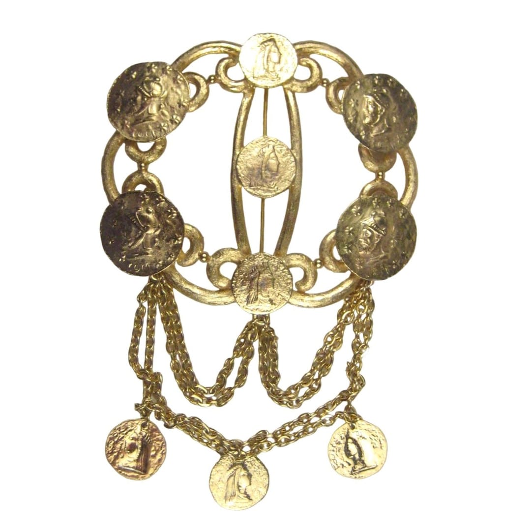 Large Faux Coin Roman Soldier Statement Brooch Pin Goldtone Dangle ...