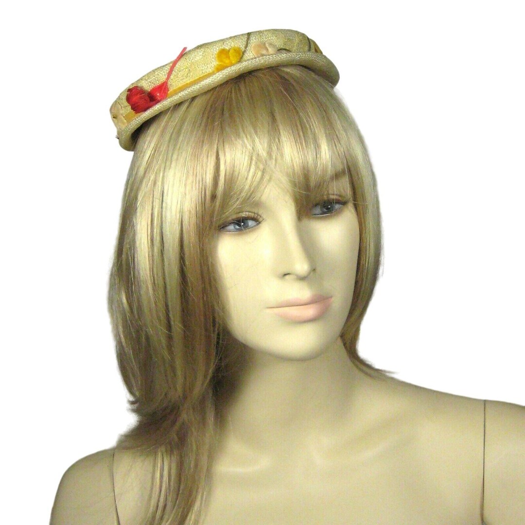 Jenny Hat Yellow Fabric Vintage 1950 Short Brim Cap Bee Feather Flower ...