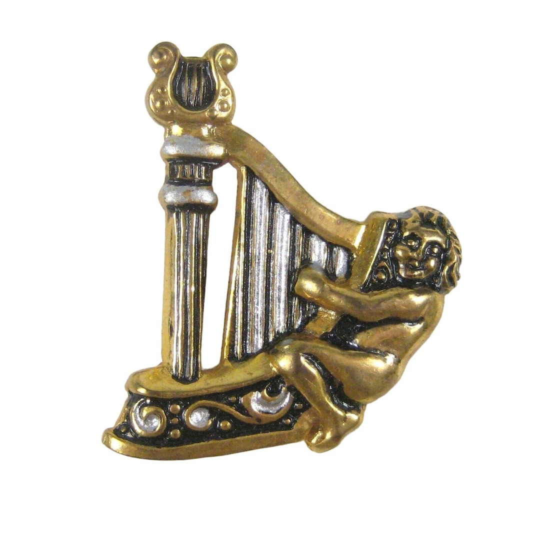 Harp Lyre Figure Brooch 1.2 in Pin Toledo Damascene STYLE Goldtone VTG ...