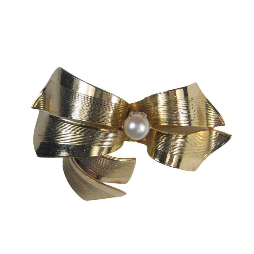 Bow Ribbon Brooch Pin Goldtone Vintage Imitation Pearl Curled - Etsy