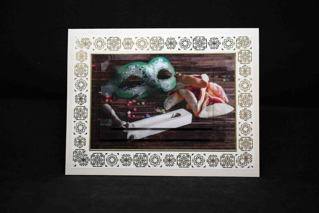 Jewish Holiday Card Purim Pattern 3D Photo of Noisemaker Mask and Aman ...