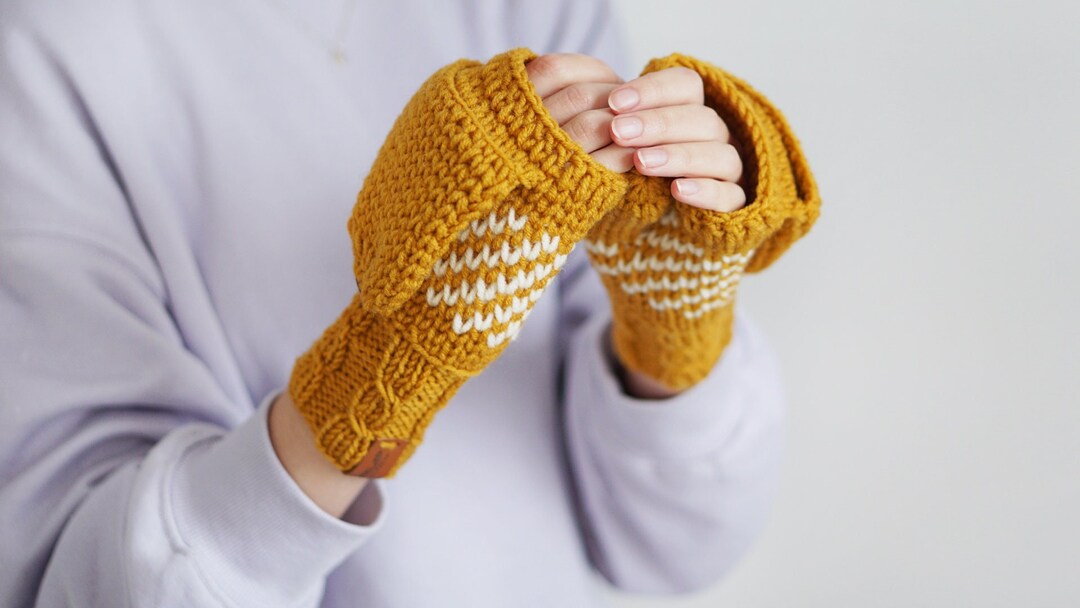 Winter Convertible Mittens For Women Mustard Yellow Gloves With Nordic Design Extra Thick Arm