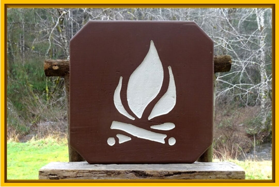 Vintage Style Campground CAMPFIRE SYMBOL or ICON Sign, Trail Road Cabin ...