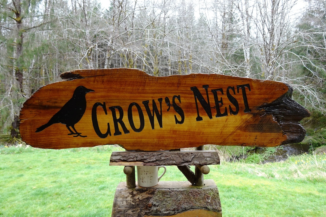 CROW’S NEST Sign on Natural-edge Volcanic Western Red Cedar, Carved ...