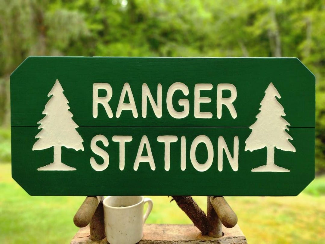 National Park Style RANGER STATION Sign With 2 Trees, Yard Cabin Lodge ...