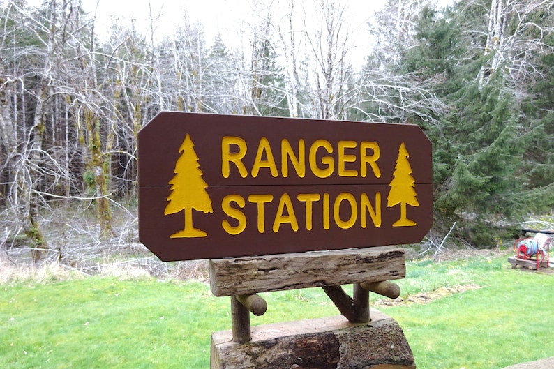 National Park Style RANGER STATION Sign With 2 Trees, Yard Cabin Lodge ...