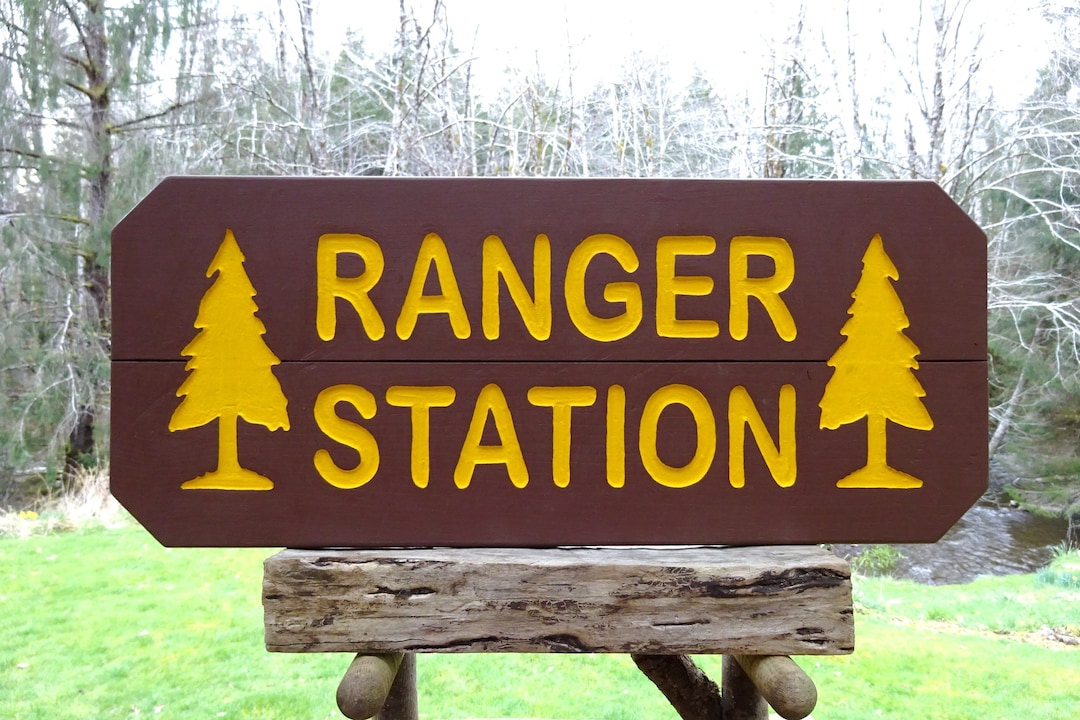 National Park Style RANGER STATION Sign With 2 Trees, Yard Cabin Lodge ...