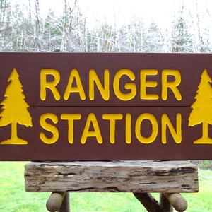 National Park Style RANGER STATION Sign With 2 Trees, Yard Cabin Lodge ...