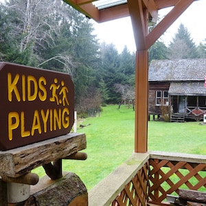 KIDS PLAYING Campground Sign With Kid’s Symbol, Park Road Street Cabin ...