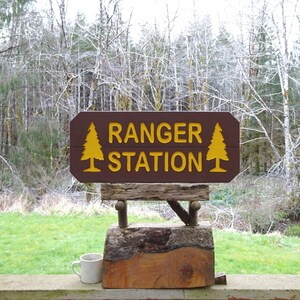 National Park Style RANGER STATION Sign With 2 Trees, Yard Cabin Lodge ...