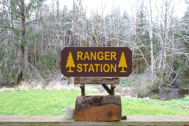 National Park Style RANGER STATION Sign With 2 Trees, Yard Cabin Lodge ...