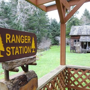 National Park Style RANGER STATION Sign With 2 Trees, Yard Cabin Lodge ...