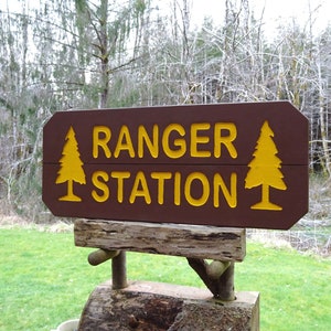 National Park Style RANGER STATION Sign With 2 Trees, Yard Cabin Lodge ...