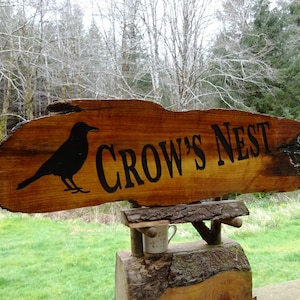 CROWS NEST Sign on Natural-edge Volcanic Western Red Cedar, Carved ...