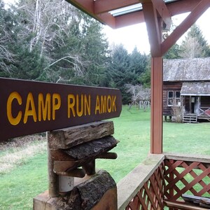 CAMP RUN AMOK Sign, Playful Park Style Path Trail Road Cabin Refuge ...