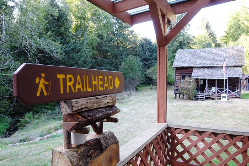 TRAILHEAD With Hiker and Arrowhead Park Style Path Trail Cabin - Etsy