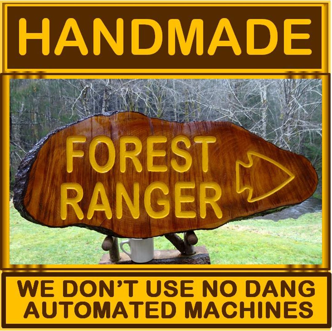 FOREST RANGER Rustic Park Sign on an Odd-shaped Log Round. Fence Road ...