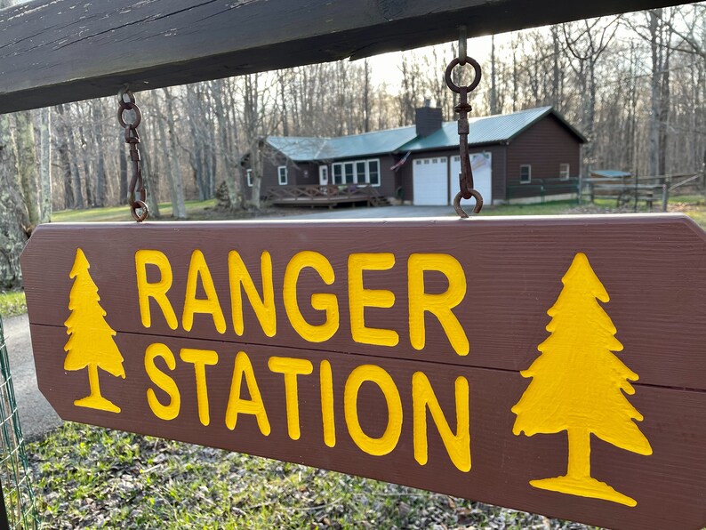 National Park Style RANGER STATION Sign With 2 Trees, Yard Cabin Lodge ...