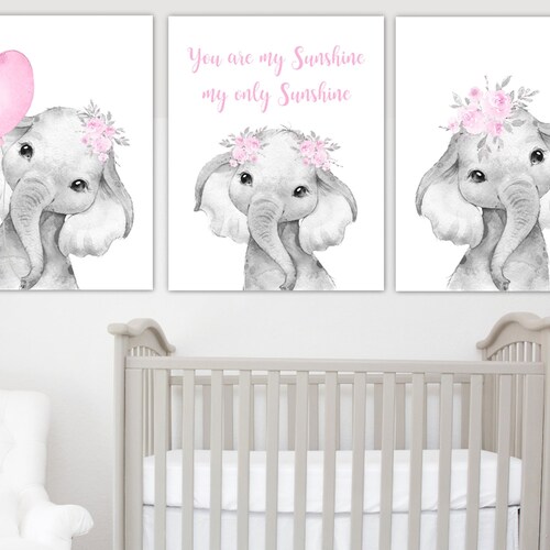 Elephant Baby Girl Nursery Art Watercolor Pink Elephant Wall - Etsy