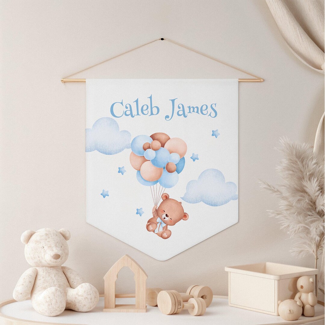 Personalized Teddy Bear Baby Boy Banner, Nursery Wall Hanging, Custom ...