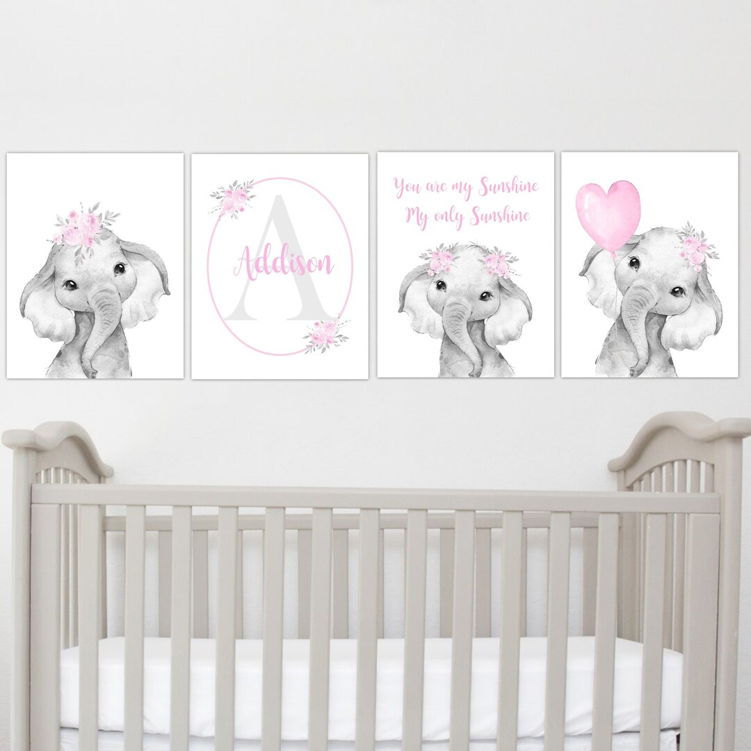 Watercolor Pink Elephants Baby Girl Nursery Art Elephant - Etsy