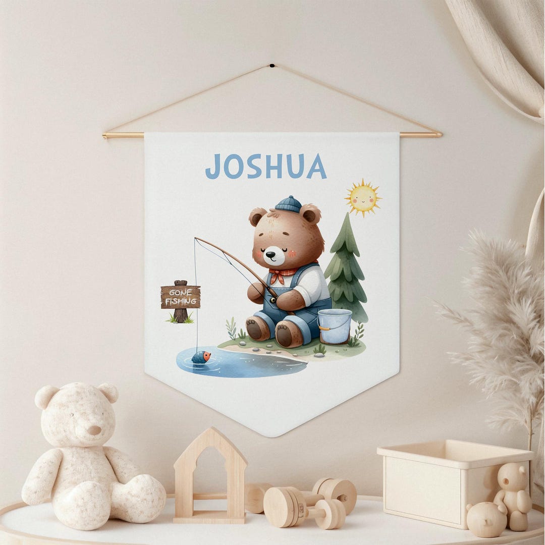 Fishing Teddy Bear Banner, Personalized Baby Nursery Art, Boy Wall ...
