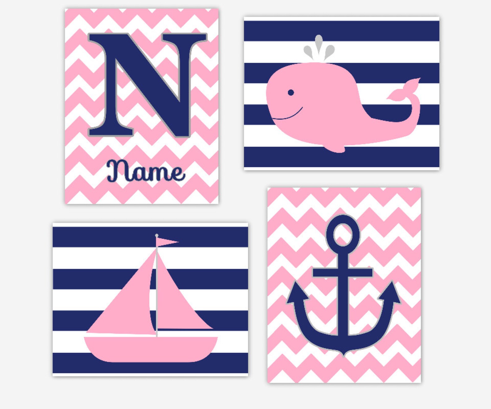 NAUTICAL Baby Girl Nursery Wall Art Pink Navy Blue | Etsy