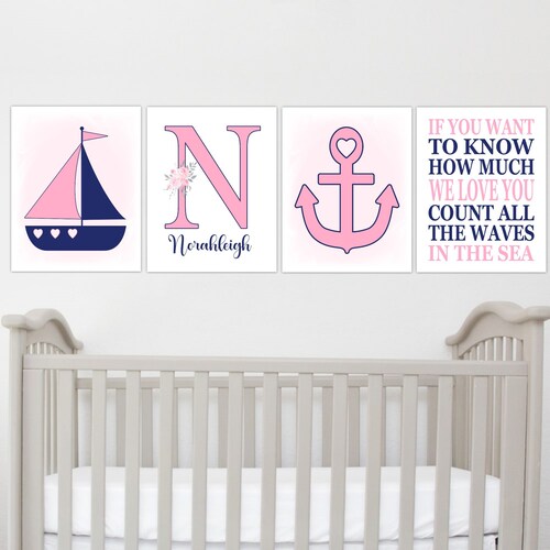 NAUTICAL Baby Girl Nursery Wall Art Pink Navy Blue - Etsy