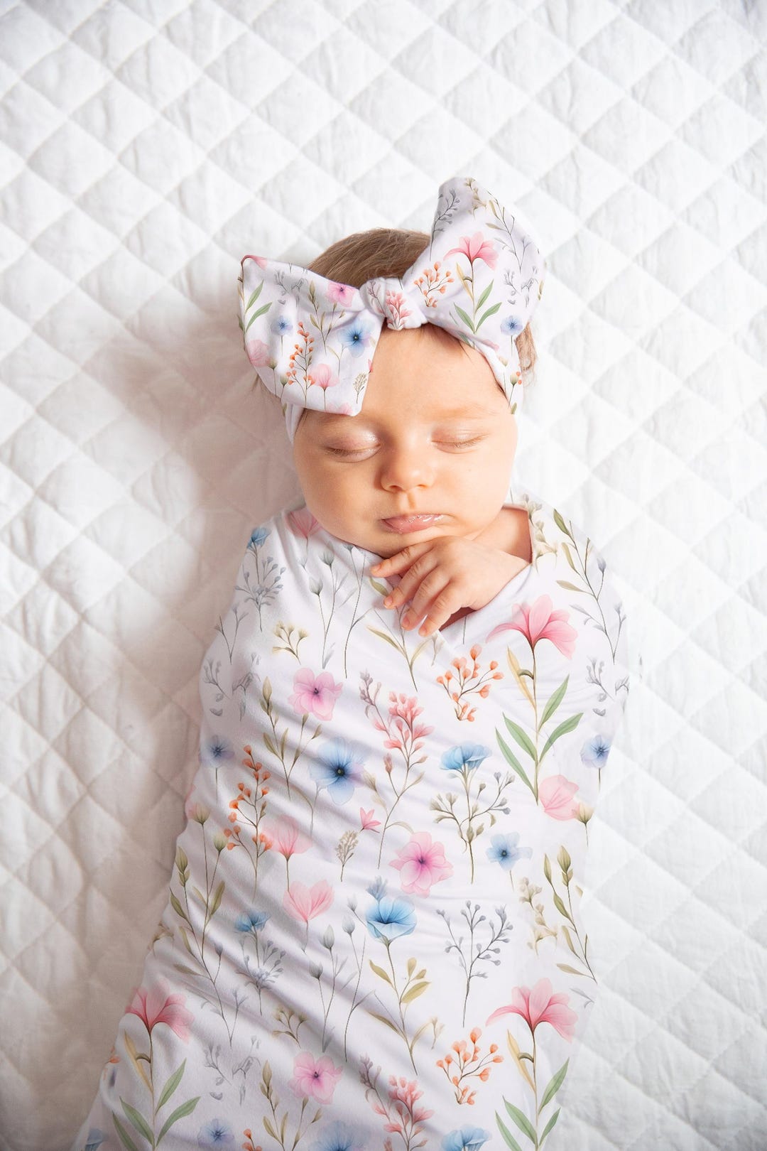 Wildflower Baby Girl Swaddle Set | Floral Blanket Bow Knot Cap Beanie | Photo Prop | Baby Shower ...