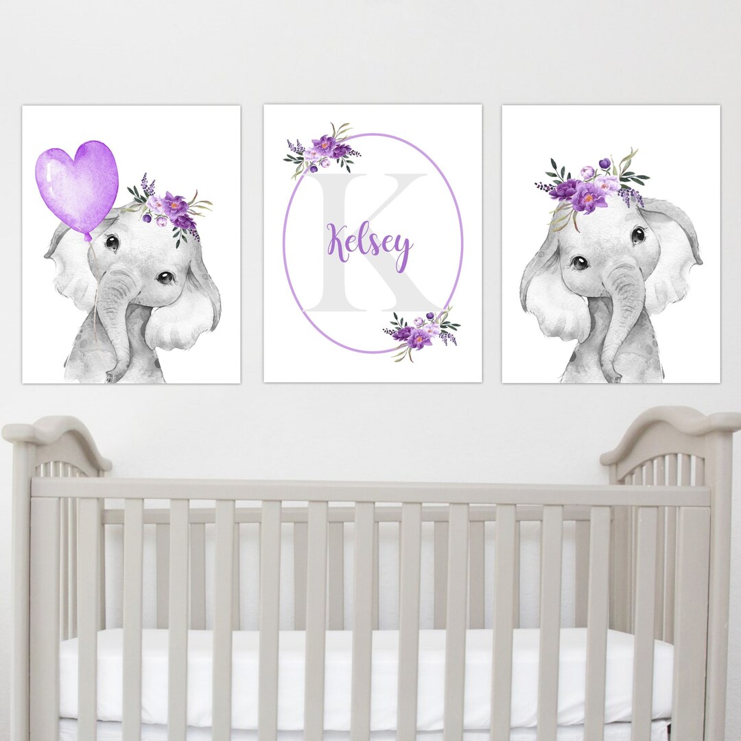 Elephant Baby Girl Nursery Art Purple Floral Crown Elephants ...