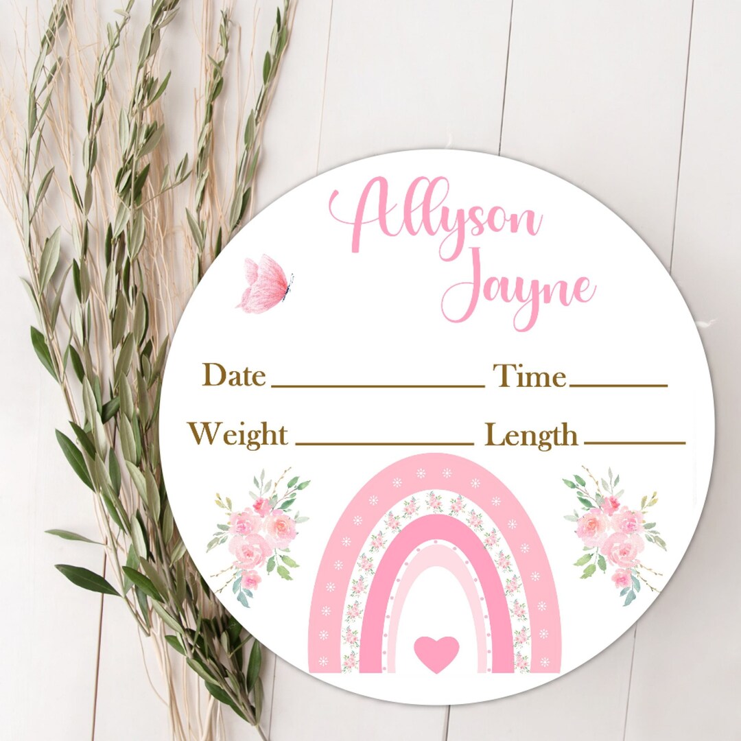 Rainbow Baby Girl Birth Stat Sign Pink Floral Baby Sign Custom Baby ...