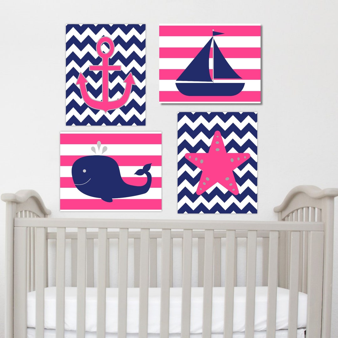 Nautical Girl Wall Art Pink Navy Blue Girls Nautical Wall - Etsy